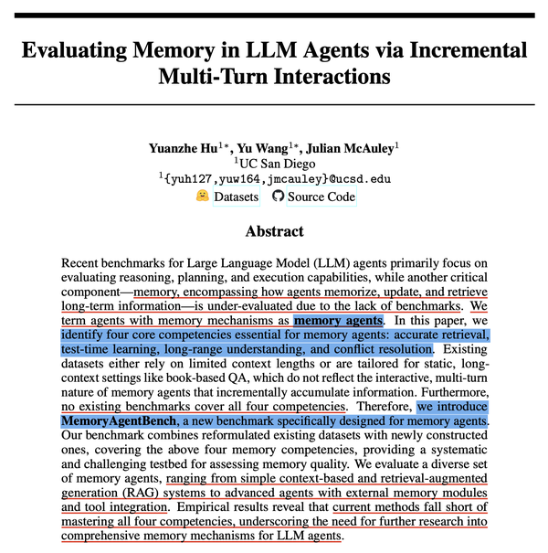 机器爱学习 的想法: MemoryAgentBench: 专门测试Agent的memory能力 | 背景：Memory是Agent的重要能力 ...