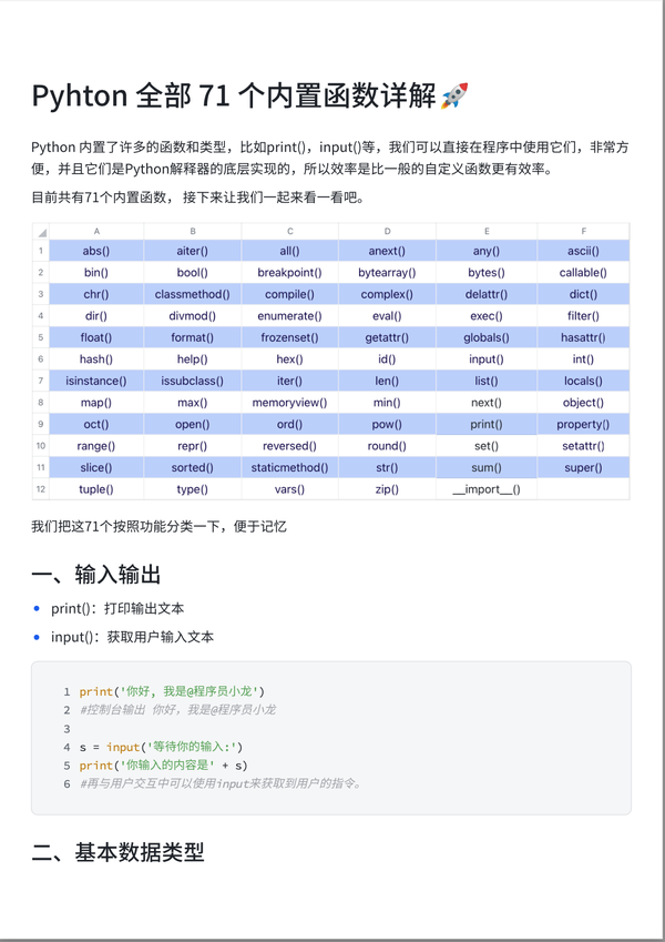 程序员小龙 的想法 新手必备，71个python内置函数详解 大家好，今天给大家分享的是python的核心基础知识，介绍最全内置函数解释，并提供示例代码。 Python 内置了许多的函数 