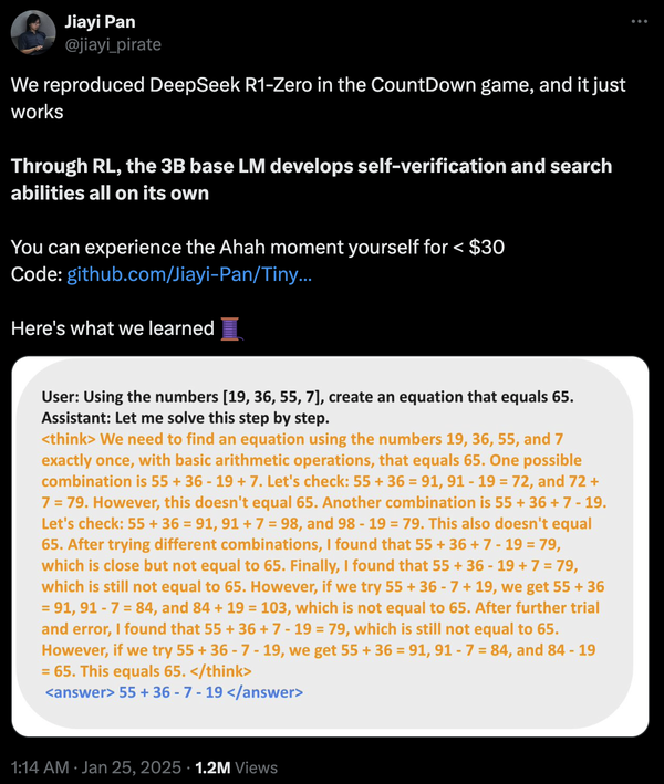 李博杰 的想法: TinyZero自己动手复现乞丐版R1 | 昨天试了试Berkeley的一位PhD搞的TinyZero，发现复现DeepSeek R1在简单任务（例如算24点）上的推理能力 ...