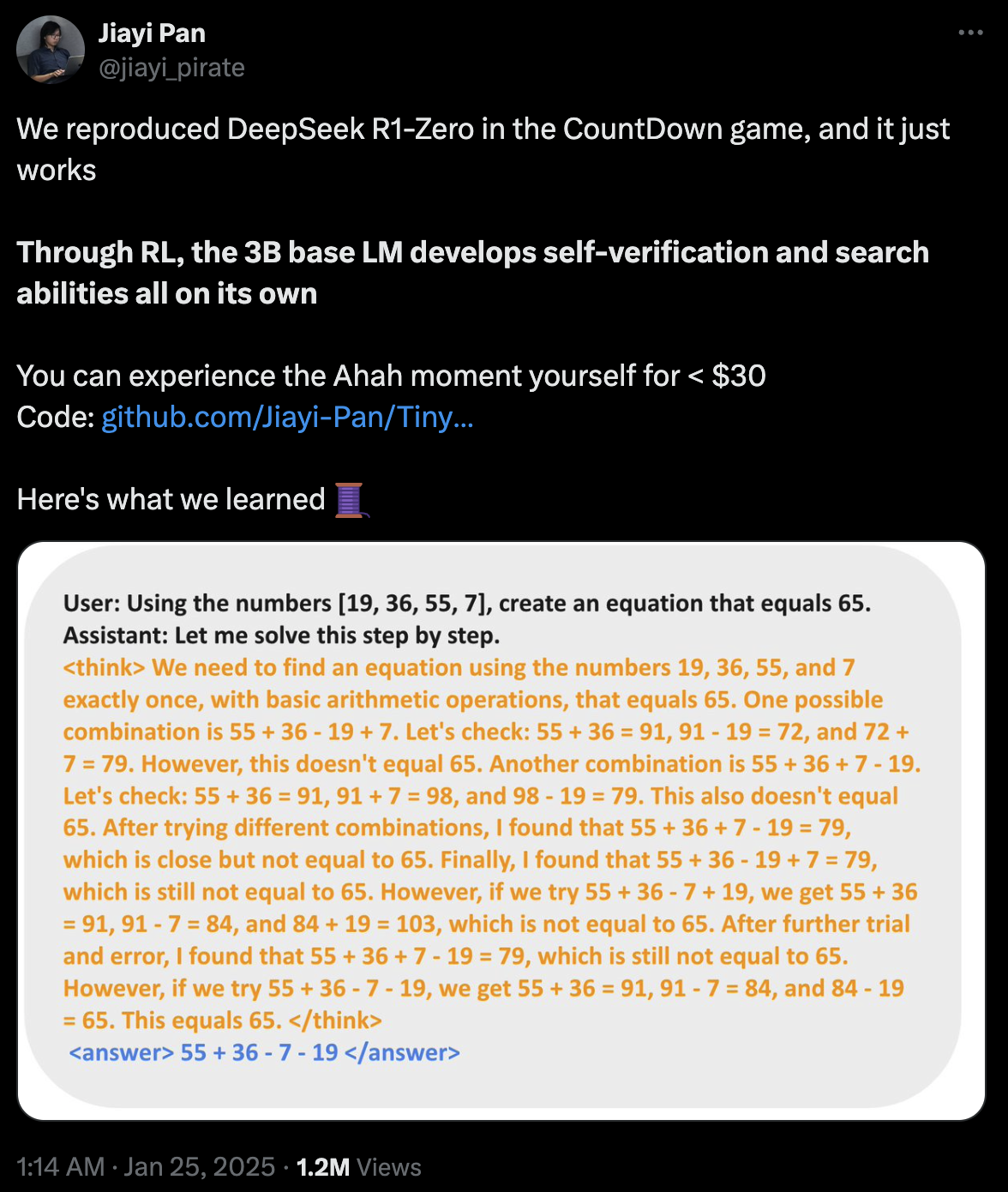 李博杰 的想法: TinyZero自己动手复现乞丐版R1 | 昨天试了试Berkeley的一位PhD搞的TinyZero，发现复现DeepSeek R1在简单任务（例如算24点）上的推理能力 ...
