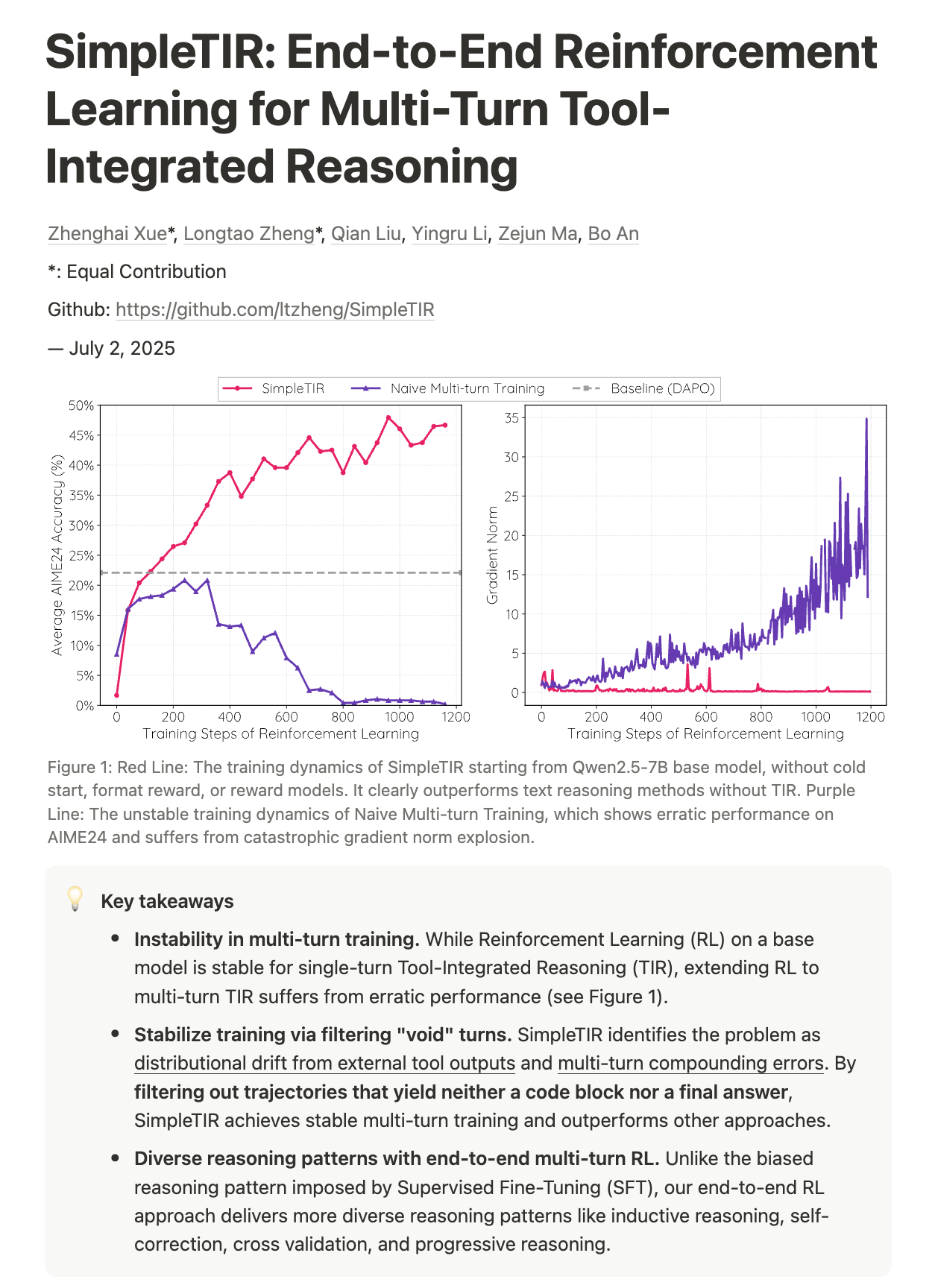 AI极客熊 的想法: 🚀SimpleTIR 让多轮 TIR 训练稳如泰山 | 📄 标题： SimpleTIR: End-to-End ...