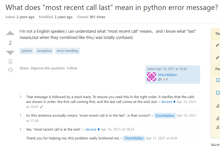 Python的错误提示“most recent call last”中，last是什么意思？什么用法？ - 知乎