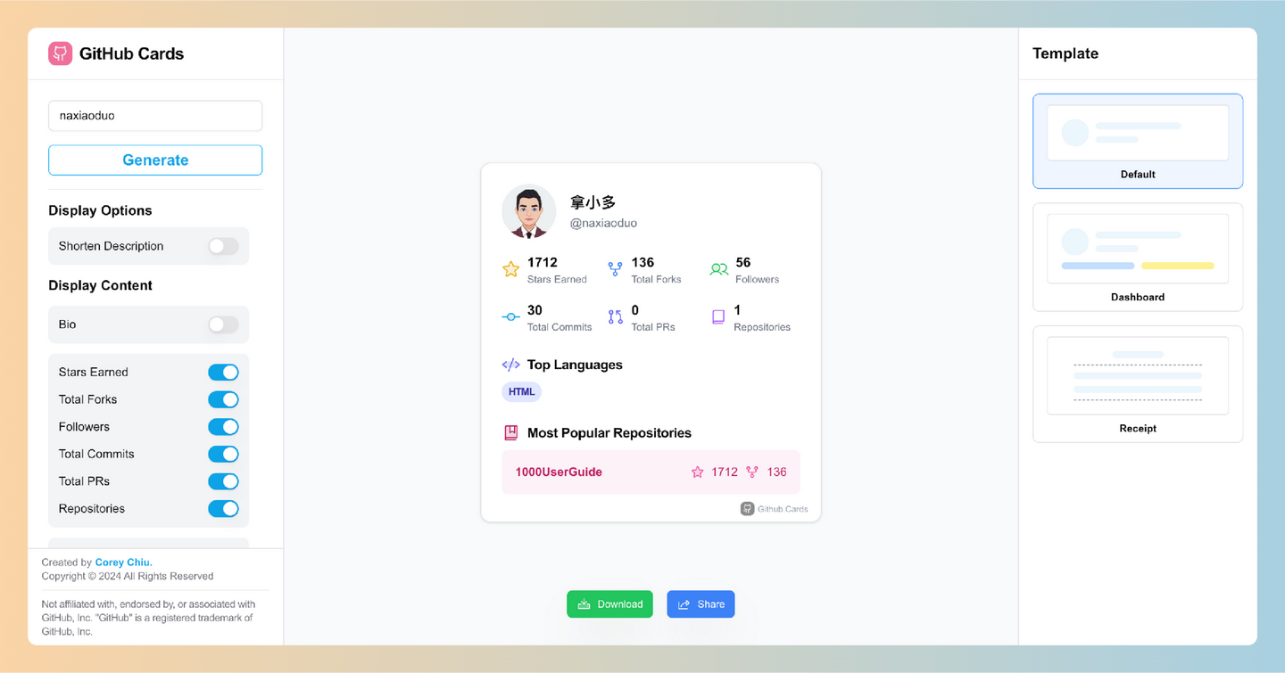GitHub Cards：能将你的GitHub贡献数据生成精美的可视化卡片，方便分享展示你的开发成就，直接分享到社交媒体