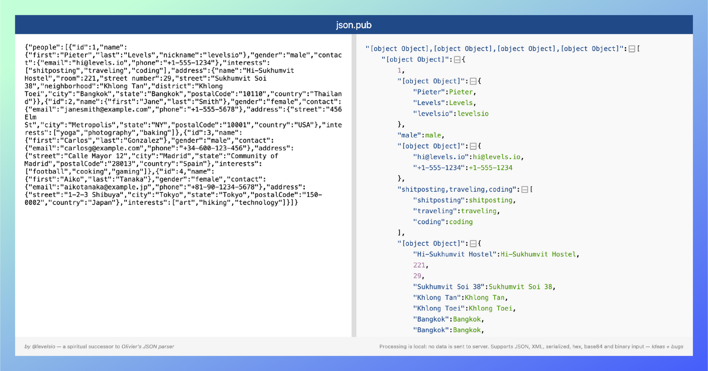 JSON.pub：一个简单易用的JSON查看和格式化工具，帮助开发者快速整理和分析数据，得到清晰易读的输出
