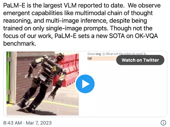 谷歌发布史上最大 AI 模型 PaLM-E：5620 亿参数，无需特殊训练可操纵机器人 - 知乎