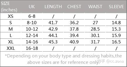 UK（英寸）尺码参考表 - 知乎