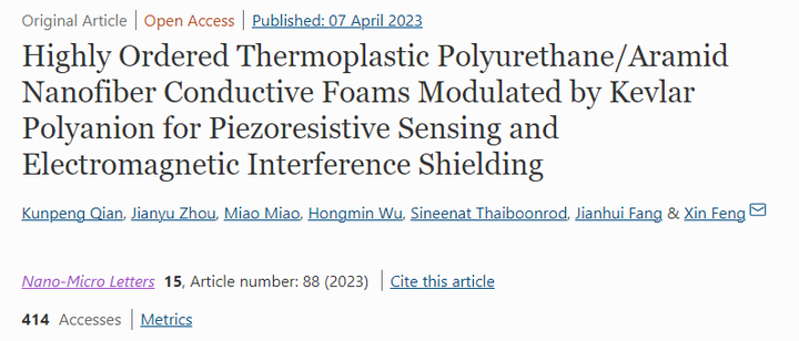上海大学冯欣等：芳纶聚阴离子调控的高度有序TPU/ANF导电泡沫用于压阻传感和电磁屏蔽 - 知乎