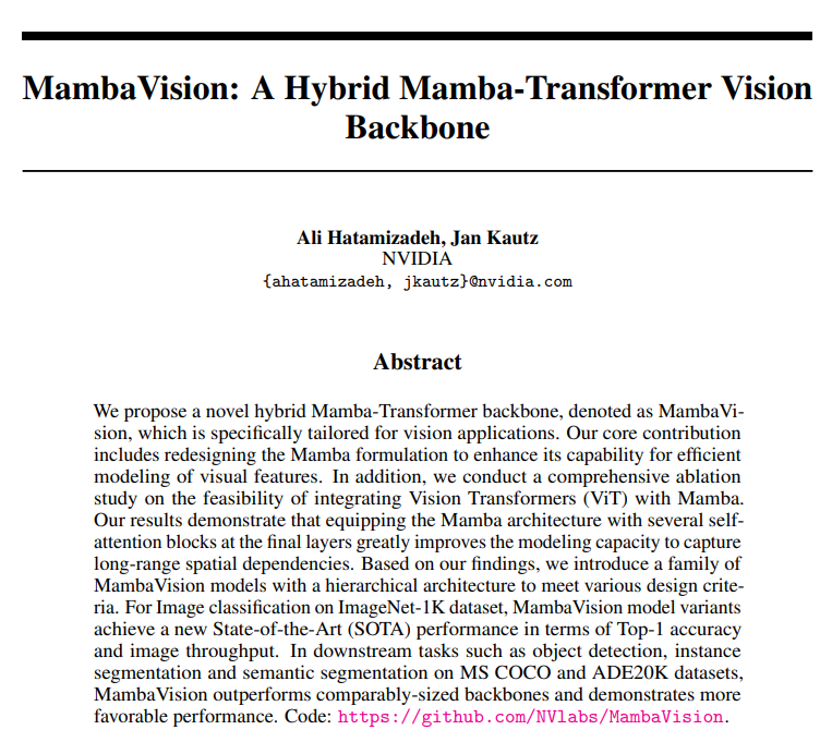 MambaVision：混合 Mamba-Transformer 视觉骨干网 - 知乎