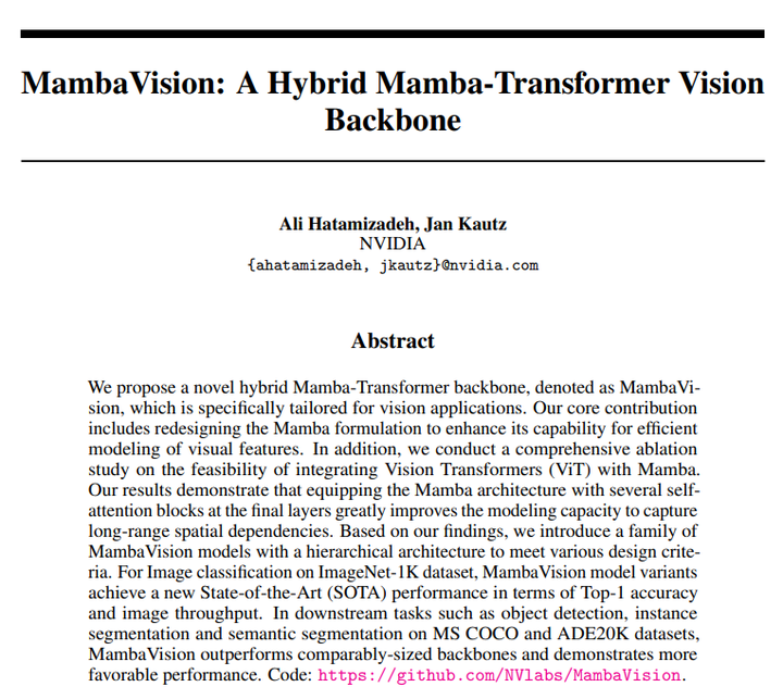 MambaVision：混合 Mamba-Transformer 视觉骨干网 - 知乎