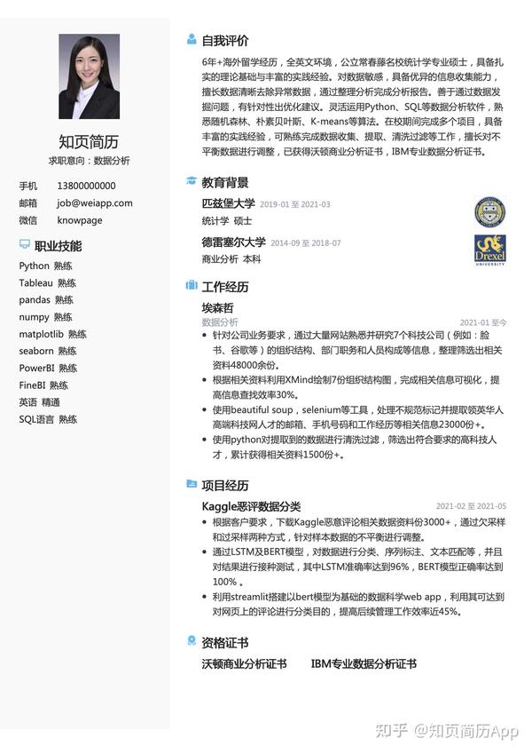 如何写一份出众的数据分析简历？（含简历模板 范文） 知乎