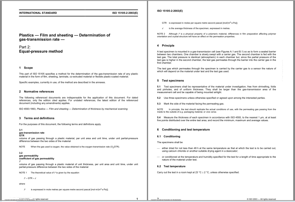ISO 15105-2-2003（原版PDF）+Chinese（ISO中文版翻译） 中文名称：塑料-薄膜-气体传播率测定-第2部分:均等压力法 ...