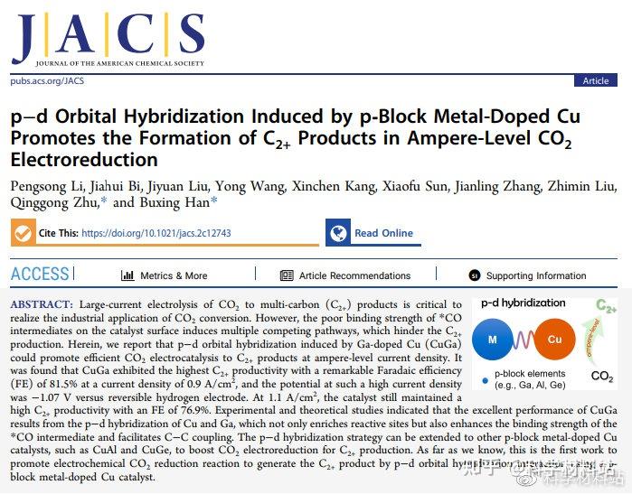 化学所韩布兴院士、朱庆宫研究员JACS: p-d轨道杂化促进安培级CO2电还原制备多碳产物 - 知乎