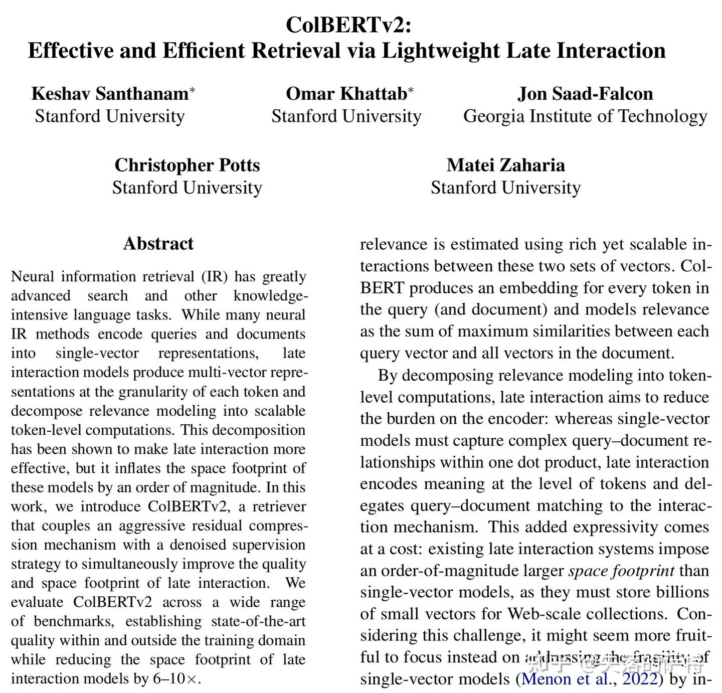[NAACL '22 | Standford] ColBERTv2 - 知乎