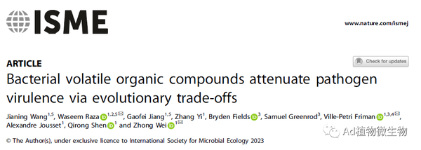 ISME | 南农沈其荣团队研究揭示土壤细菌挥发物通过进化权衡减弱植物病原菌毒力！ - 知乎