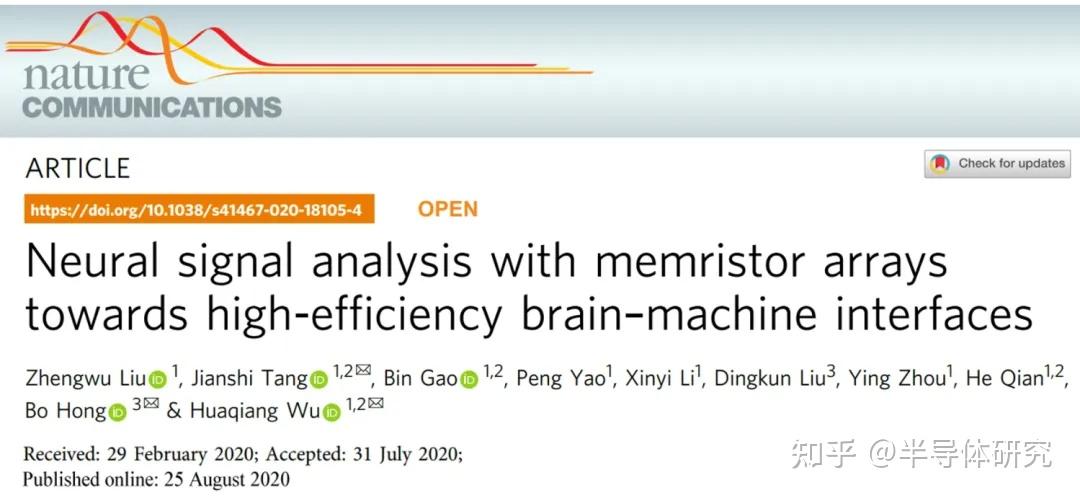 Nature Communications | 使用忆阻器阵列进行神经信号分析和高效脑机接口 - 知乎