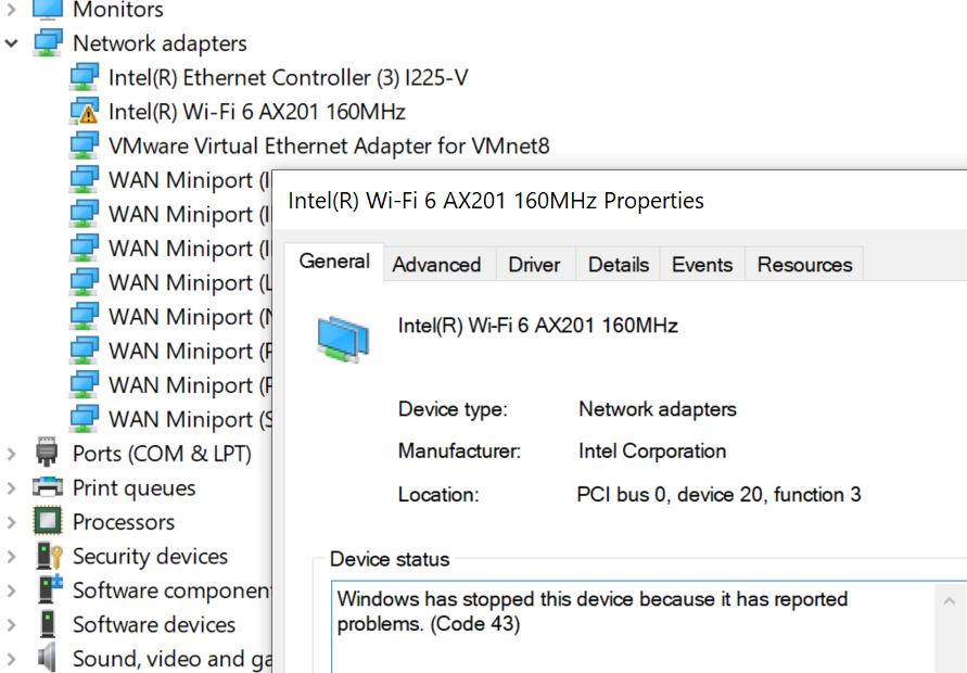 Intel(R) Wi-Fi 6 AX201网卡 错误10 或 43 黄色感叹号 无法启动的解决方法 - 知乎