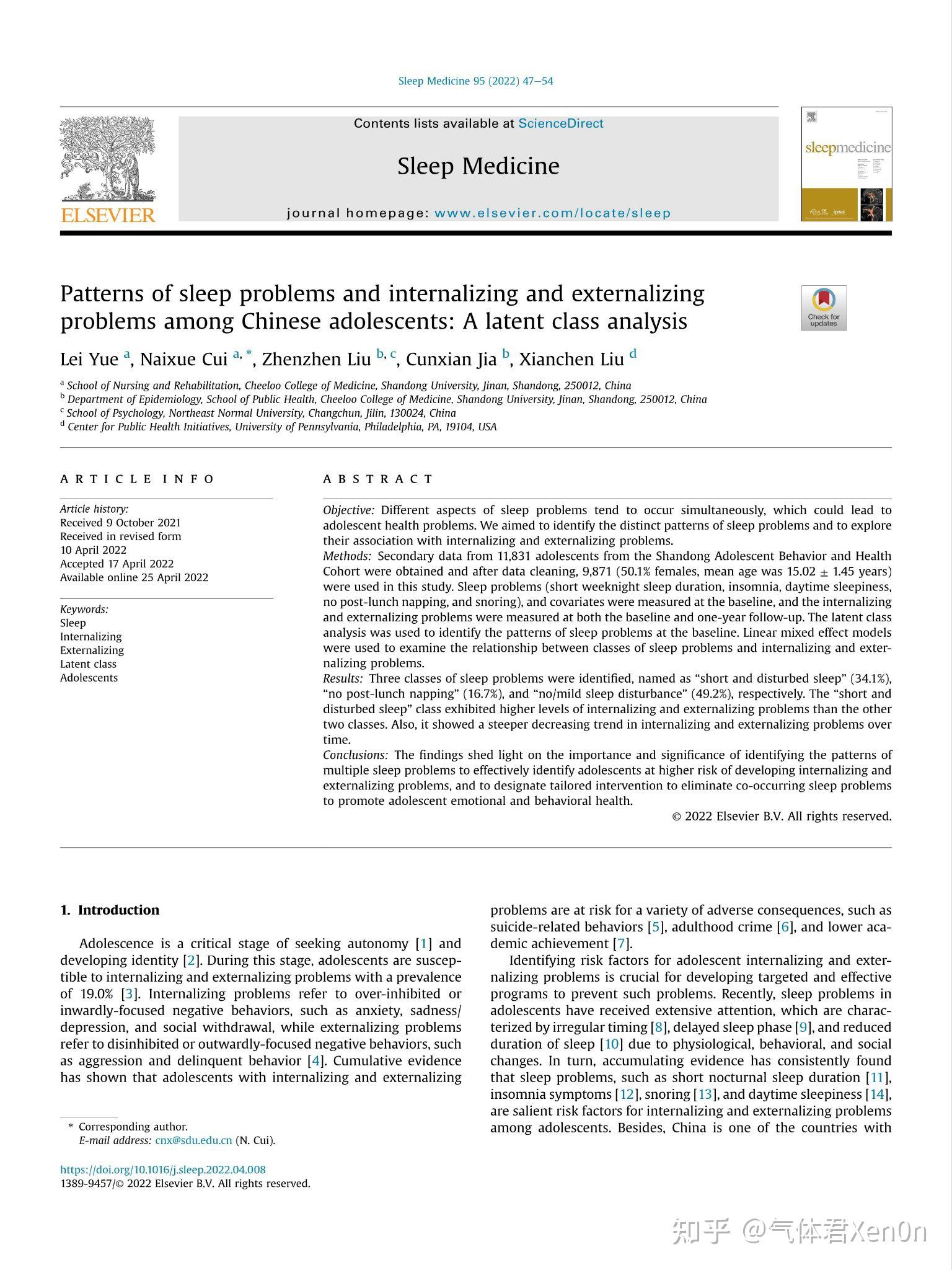 Patterns of sleep problems and internalizing and externalizing problems ...