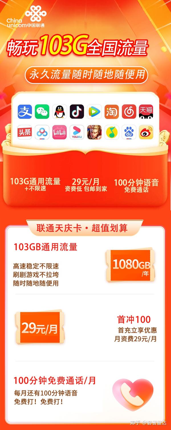 【联通流量卡】29元包103G通用流量+100分钟通话，可选靓号，2年期神卡，无合约 - 知乎