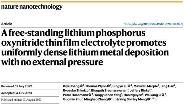 孟颖&张明浩Nature Nanotechnology：无外压！LiPON助力均匀致密的Li金属沉积 - 知乎