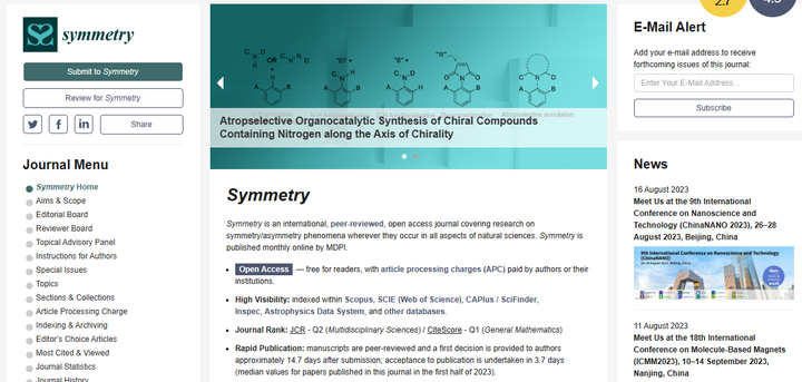 SCI期刊——（综合性《Symmetry-Basel》，JIF=2.7），收文范围广，一个月录用，门槛低 - 知乎
