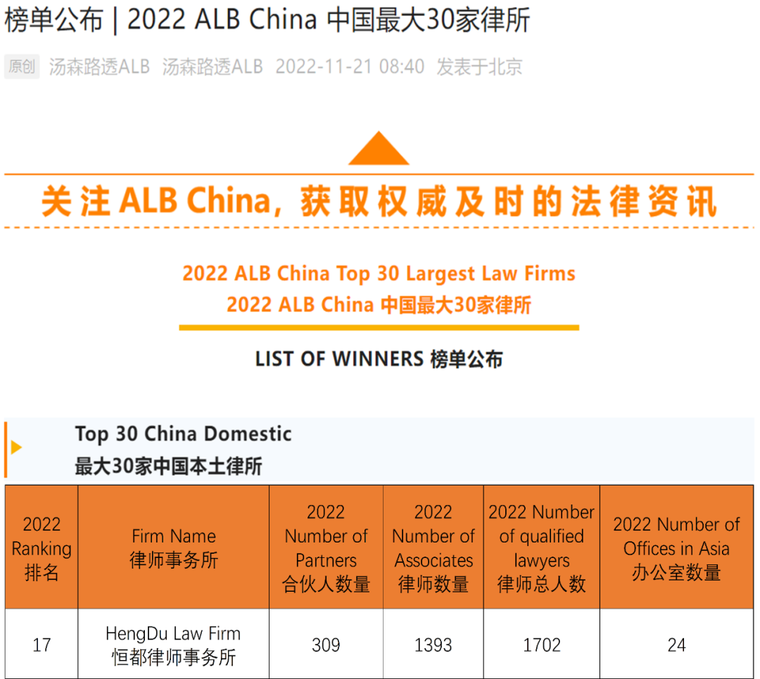 恒都律师事务所蝉联2022 ALB China“中国最大30家律所”榜单 - 知乎