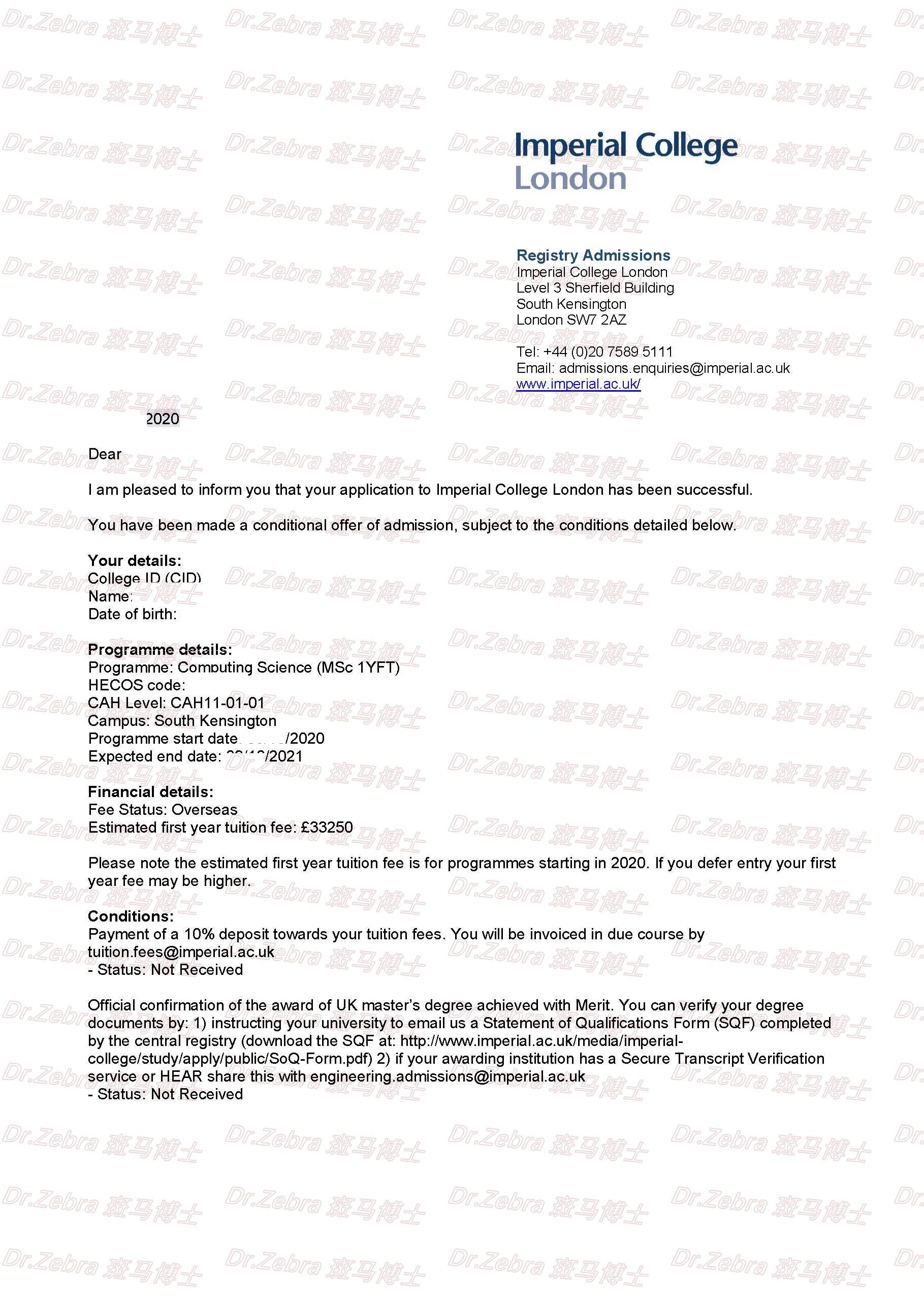 【斑马博士捷报】Imperial College London（IC）MSc Computing Science帝国理工学院计算科学硕士录取 ...