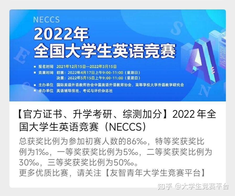 【官方证书、升学考研、综测加分】2022年全国大学生英语竞赛（NECCS） - 知乎