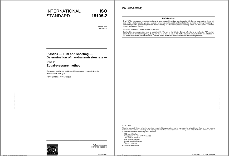 ISO 15105-2-2003（原版PDF）+Chinese（ISO中文版翻译） 中文名称：塑料-薄膜-气体传播率测定-第2部分:均等压力法 ...