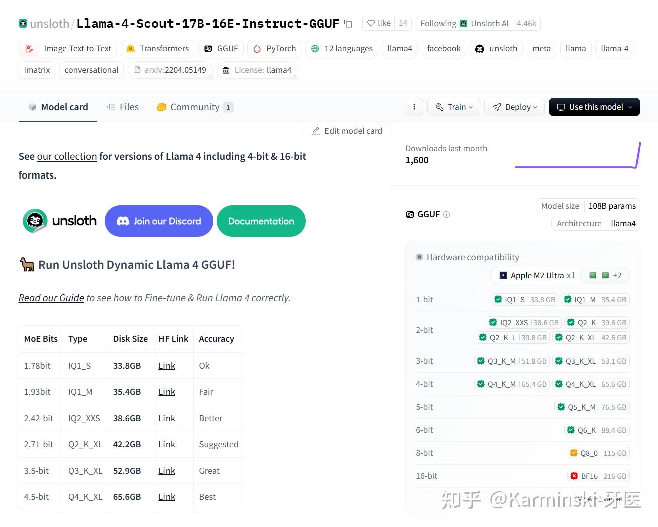 llama-4 Unsloth 动态量化版本来啦！2.71bit动态量化版本只有42.2GB - 知乎