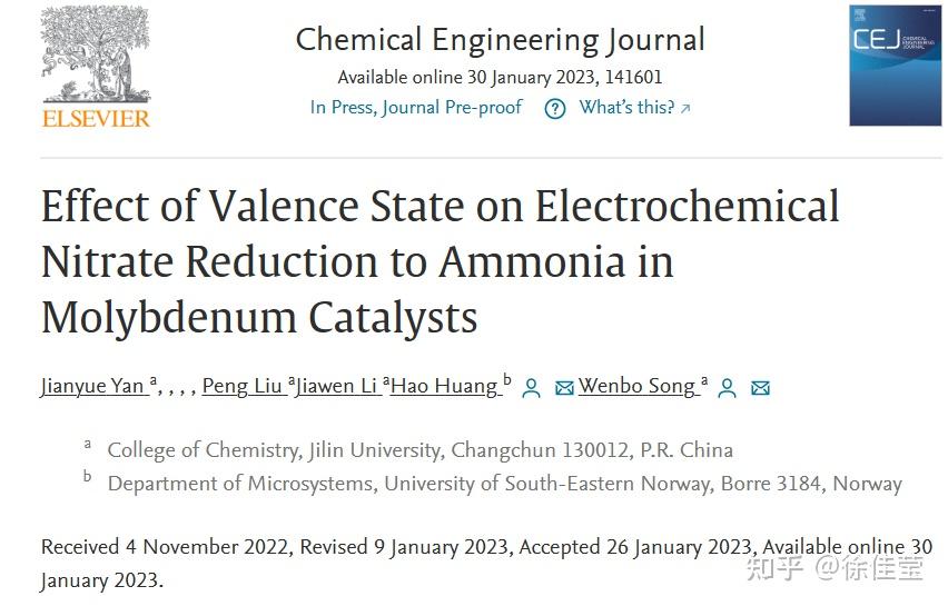 吉林大学宋文波教授团队最新Chem. Eng. J.:价态对钼催化剂中硝酸盐电化学还原成氨的影响 - 知乎