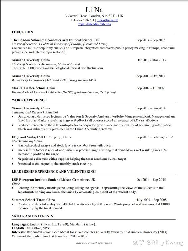 英硕申请CV / 英文简历 Example参考 - 知乎