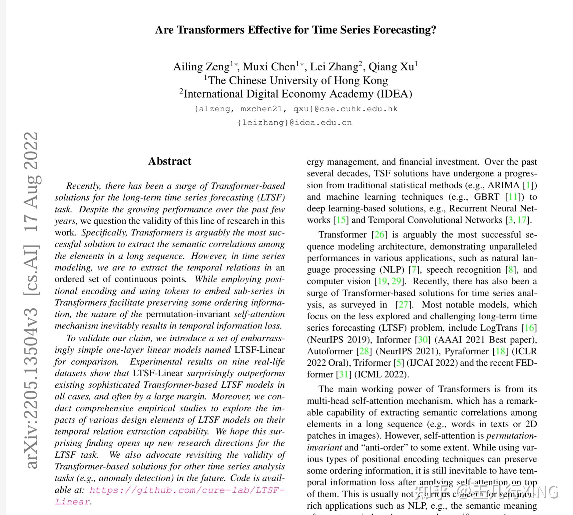 [AAAI 2023] Transformer 时序预测还不如线性模型？（DLinear/NLinear） - 知乎