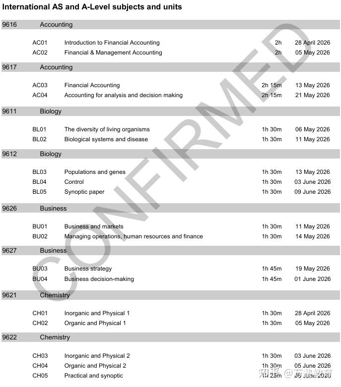 A-Level | CAIE&爱德思&AQA 2026夏考时间表出炉！ - 知乎