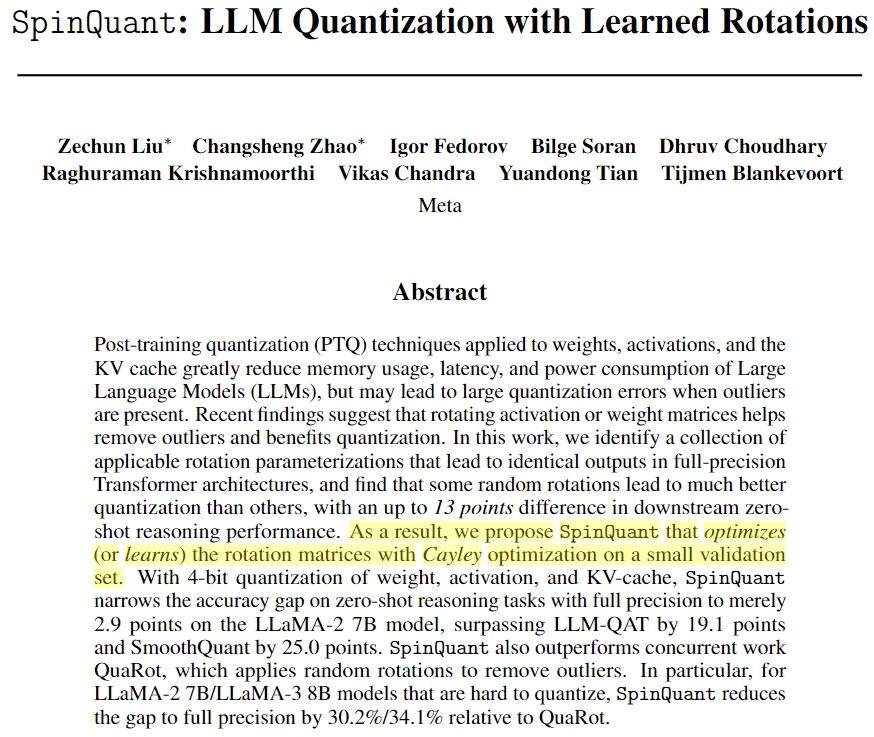 SpinQuant: 用旋转矩阵去除LLM outliers的量化方法，其上限明显高于GPTQ和SmoothQuant两类方法 - 知乎