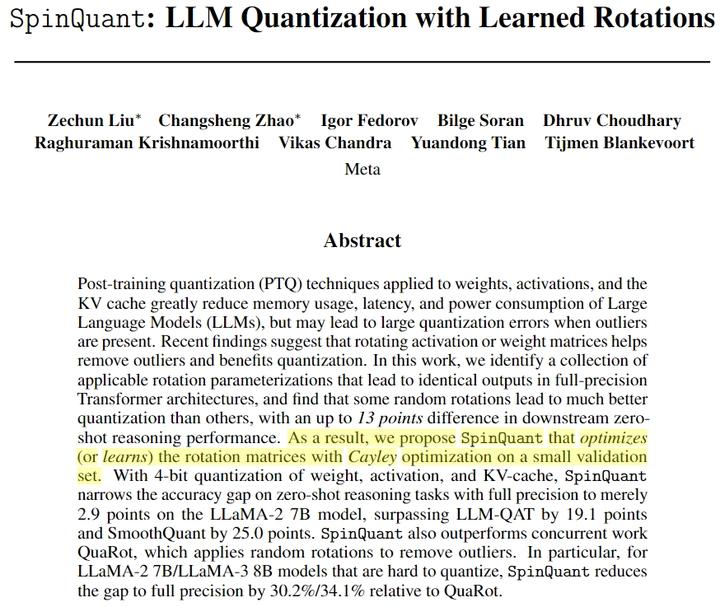 SpinQuant: 用旋转矩阵去除LLM outliers的量化方法，其上限明显高于GPTQ和SmoothQuant两类方法 - 知乎
