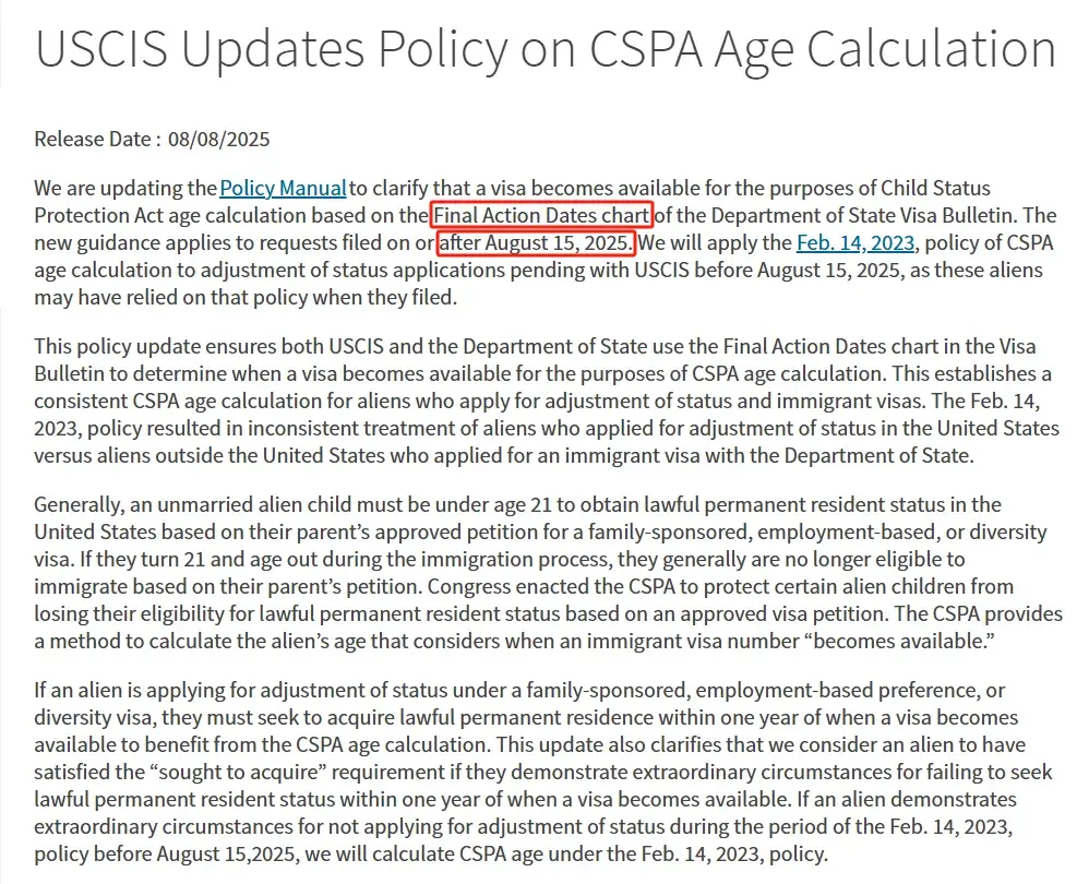 美国移民局CSPA新政：8月15日起取消表B锁龄，统一按表A计算子女年龄！ - 知乎