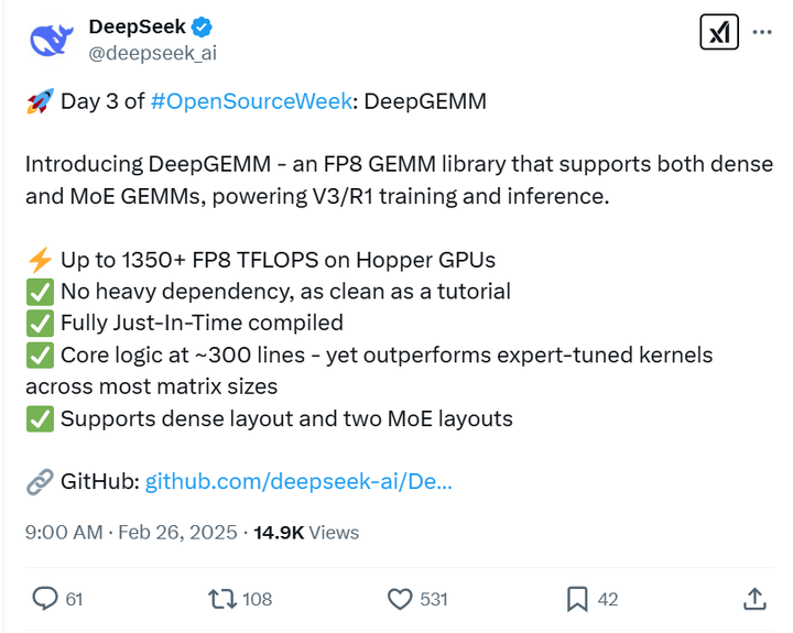 DeepSeek开源周Day3 发布！DeepGEMM，300行核心代码，加速V3、R1训练推理效率 - 知乎