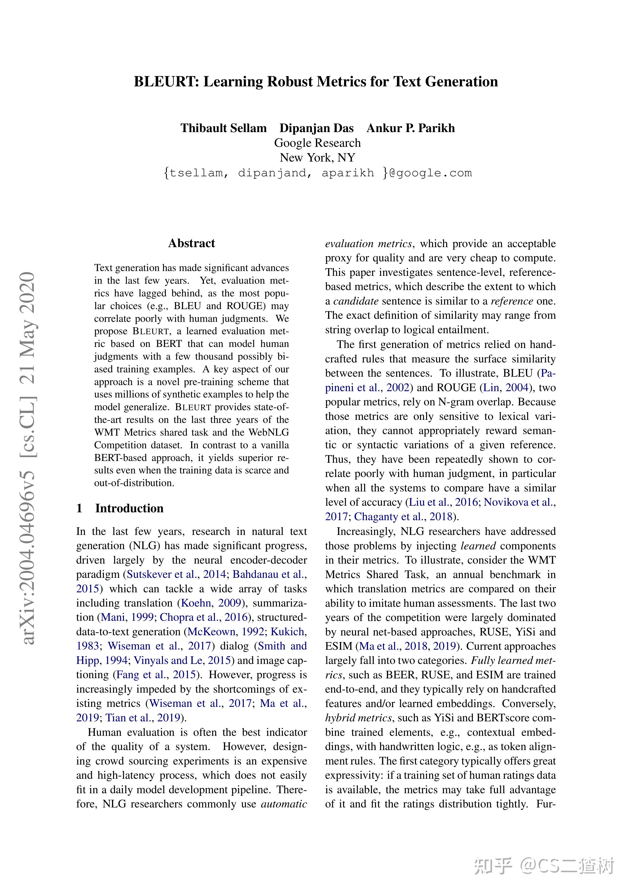 BLEURT：用BERT打造更强大的文本生成评估指标 - 知乎