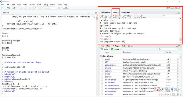 R语言的工作空间（workspace）：getwd查看当前工作目录、setwd改变工作目录、ls查看数据对象、history查看历史命令 ...