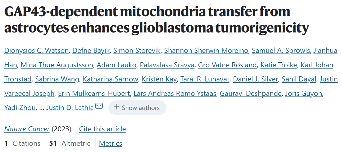 Nat Can | 星形胶质细胞线粒体转移到胶质母细胞瘤促进其生长 - 知乎