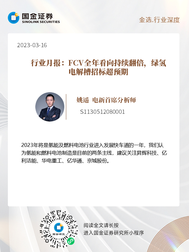 行业月报：FCV全年看向持续翻倍，绿氢电解槽招标超预期 - 知乎
