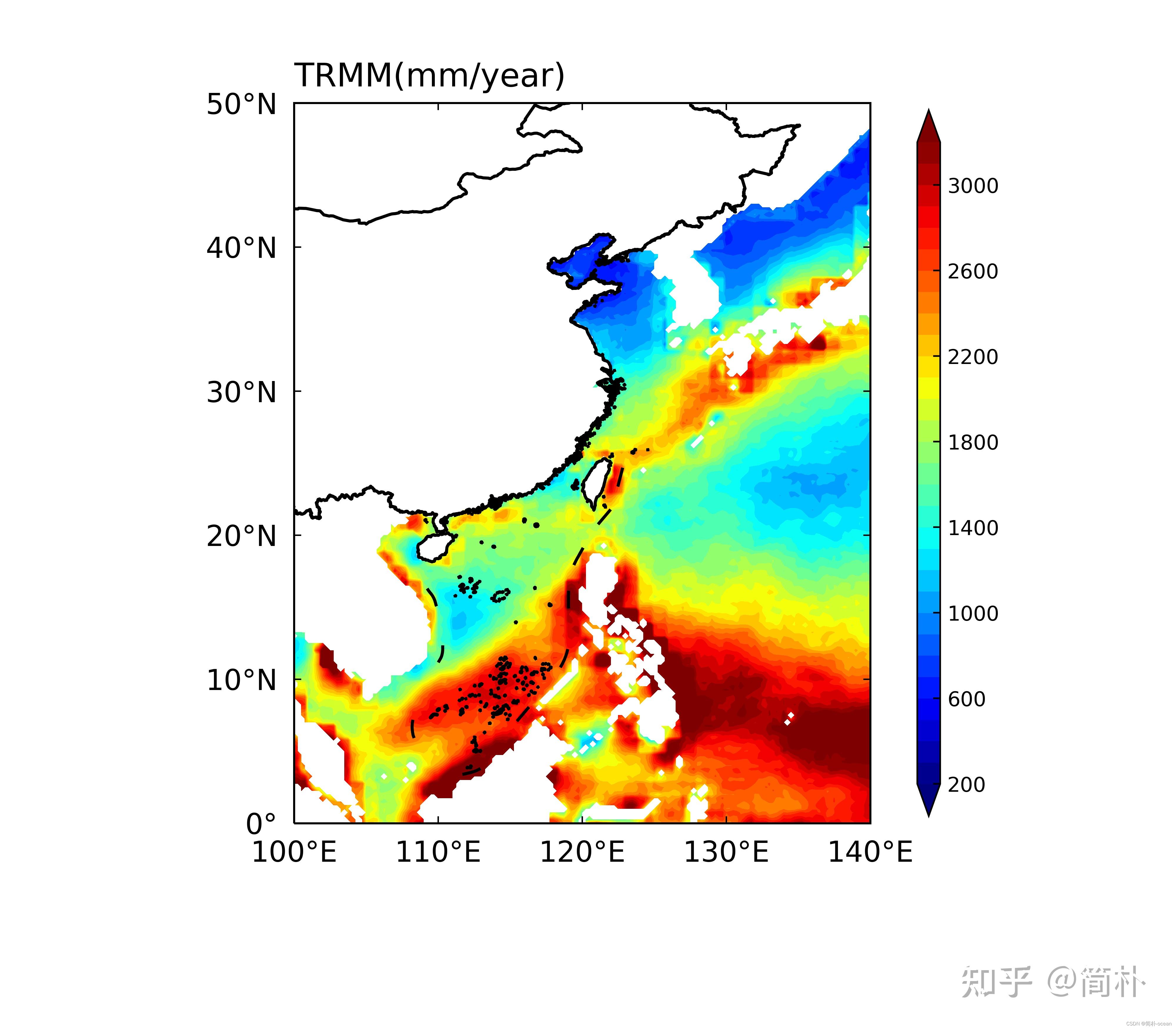 python--读取TRMM-3B43月平均降水绘制气候态空间分布图（陆地区域做掩膜） - 知乎