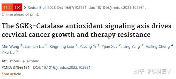 IF=11.4分，揭示了SGK3在维持氧化还原稳态中的作用，为宫颈癌的治疗提供了新的思路 - 知乎