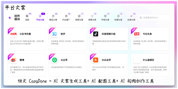 快文 CopyDone：强大专业的 AI 营销内容文案创作工具，支持内容一键生成、自动配图、图文转视频等一站式服务的专业写作 AI - 知乎