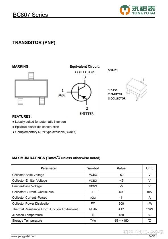 BC807-16 BC807-25 BC807-40 SOT-23 PNP YONGYUTAI（永裕泰）晶体三极管 - 知乎