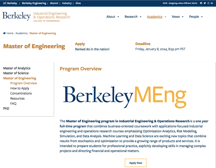 美国研究生项目 | 加州大学伯克利分校 - 工业工程与运筹硕士 UC Berkeley - MEng in Industrial ...