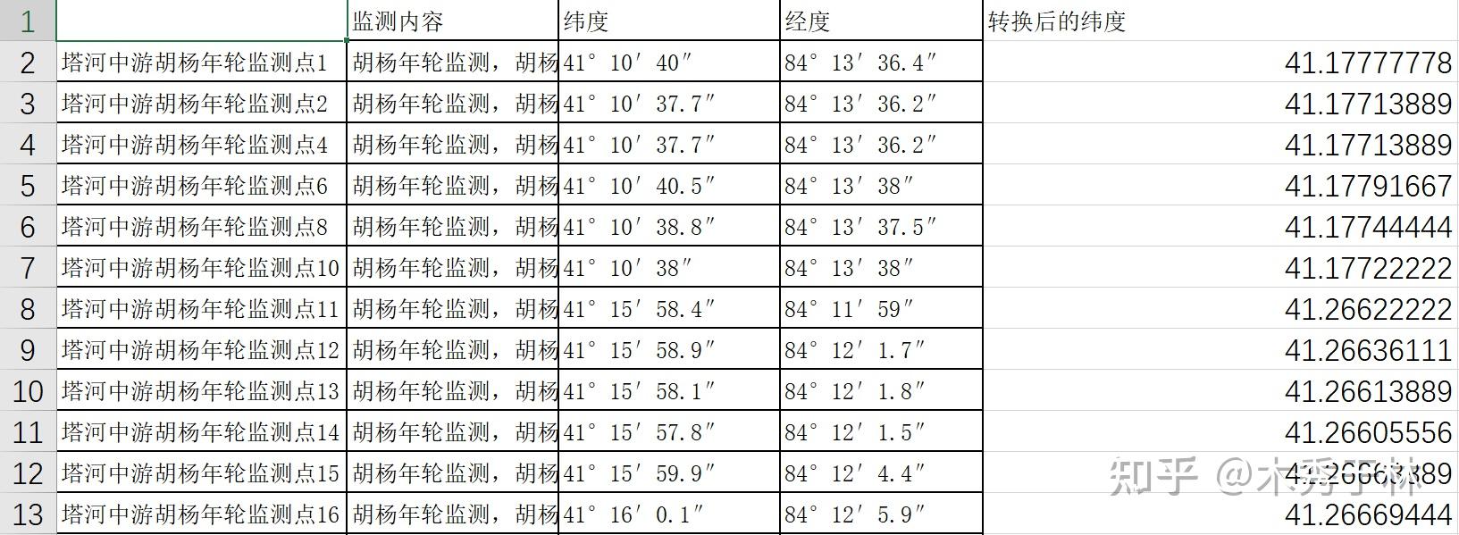 在excel中完成度分秒批量转换成十进制度 知乎