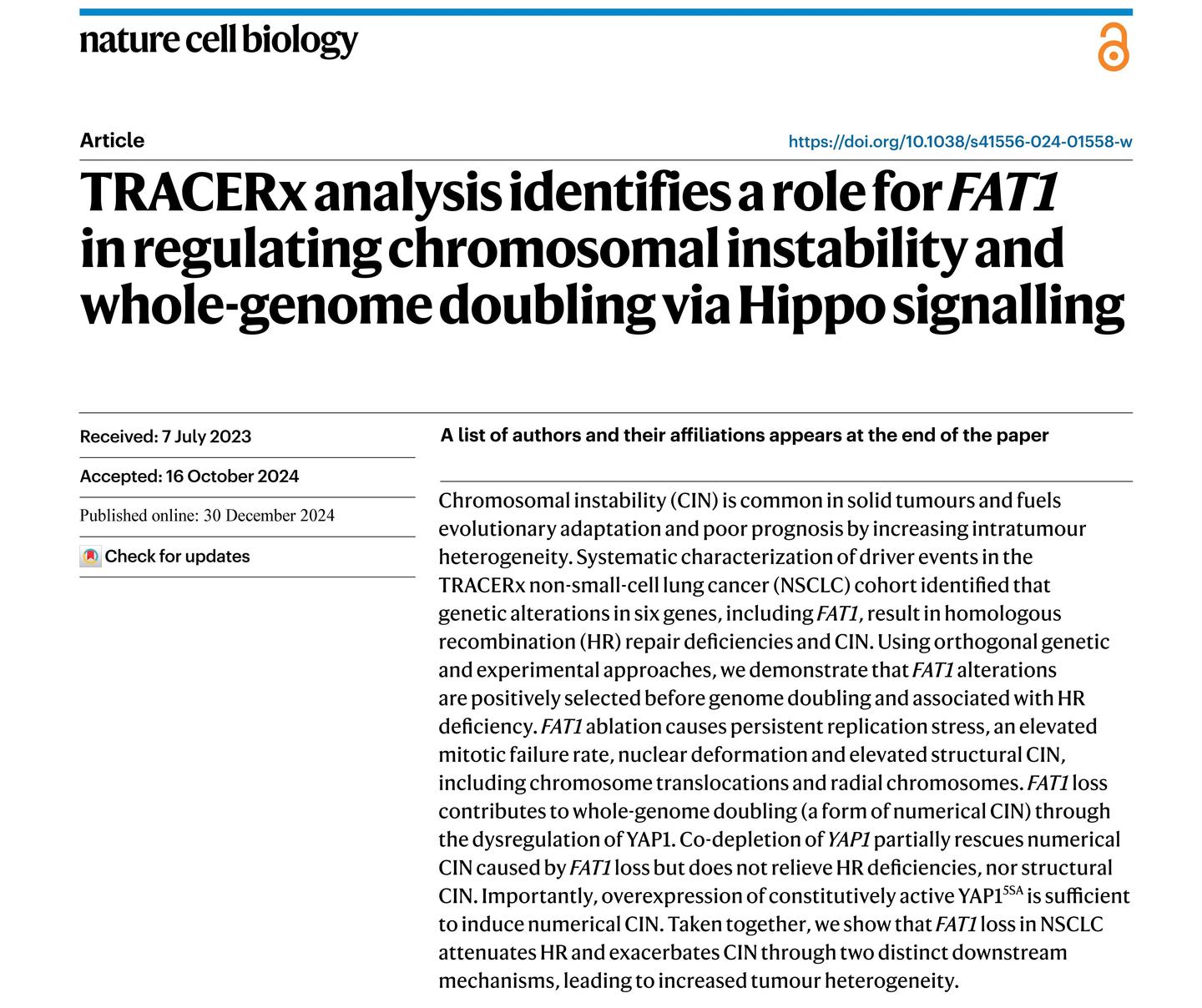文献分享 | Nature Cell Biology：TRACERx分析发现FAT1在通过Hippo信号调节染色体不稳定性和全基因组加倍中的 ...